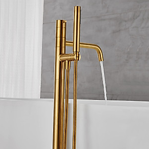 Qinkell Freestanding Bathtub Faucet Tub Filler Brushed Gold Floor Mount Brass Single Handle Bathroom Faucets with Hand Shower