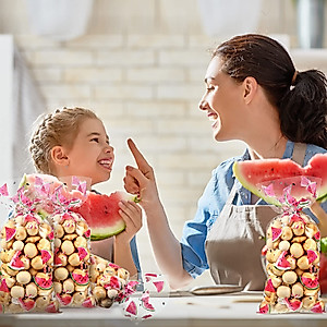 Zonon 100 Pieces Watermelon Treat Bags cellophane bags watermelon party bags Plastic Candy Bag Pink with 100 Silver Twist Ties for Summer Beach Watermelon Birthday Party Baby Shower Supplies