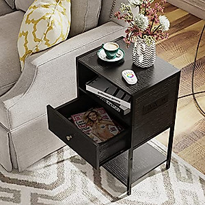 LDTTCUK Nightstand with Charging Station, Modern End Table with Drawer, Bedside Table with Open Storage for Bedroom,Black