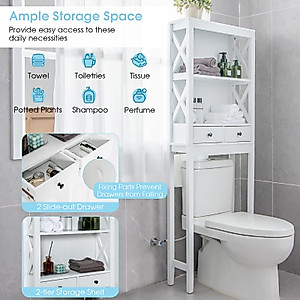 Hysache Over-The-Toilet Storage Rack, Bathroom Space Saver w/2 Drawers & Open Shelves, Fashionable Elegant Style, Freestanding Cabinet Organizer, Toilet Shelves Rack Unit, White HW63773