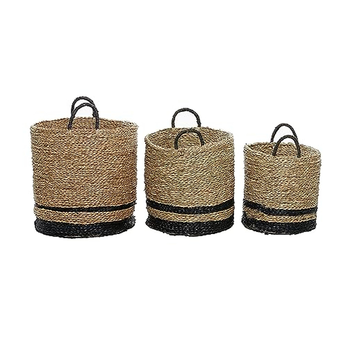 Deco 79 Seagrass Round Storage Basket with Handles, Set of 3 18", 17", 14"H, Black