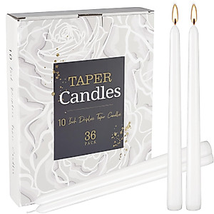 36 Pack 10 inch White Taper Candles, 7-7.5 Hour Burn Time,Unscented Dripless and Smokeless, Elegant Premium Quality Dinner Candle for Home Décor, Restaurant, Wedding, Party Candlesticks
