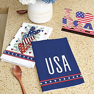 GEEORY 4th of July Kitchen Towels Love Heart USA Patriotic Dish Towels 18x26 Inch Ultra Absorbent Bar Drying Cloth Hand Towel for Kitchen Bathroom Party Home Decorations Set of 2
