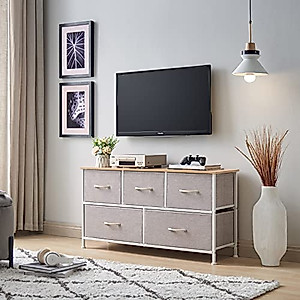 Somdot Dresser for Bedroom with 5 Drawers, Wide Storage Chest of Drawers with Removable Fabric Bins for Closet Bedside Nursery Living Room Laundry Entryway Hallway, Grey/Natural Maple