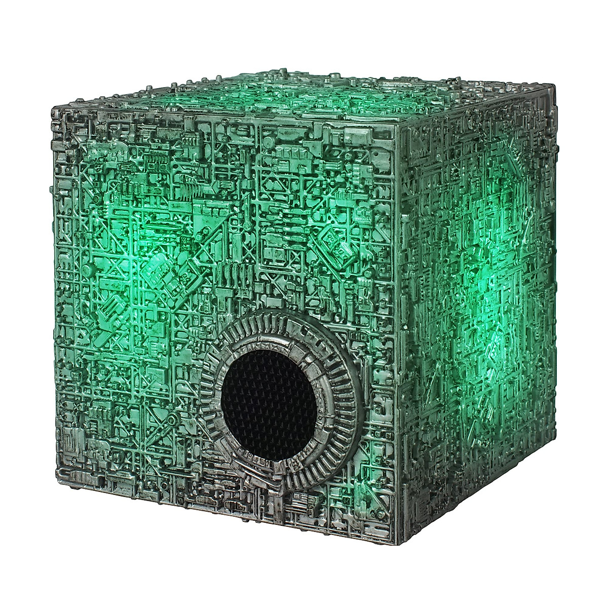 FAMETEK Star Trek BORG CUBE Bluetooth Speaker with Green Illumination, Sound Effects & Borg Quotes – Memorabilia, Gifts, Gadgets, Collectibles for Star Trek Fans
