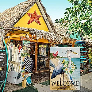 Hzppyz Welcome Spring Seabird Cardinal Blue Jay Heron Goldfinch Daisy Garden Flag, Bird Beach Ocean Coastal Decorative House Yard Outdoor Small Decor, Summer Nautical Home Outside Decorations 12 x 18