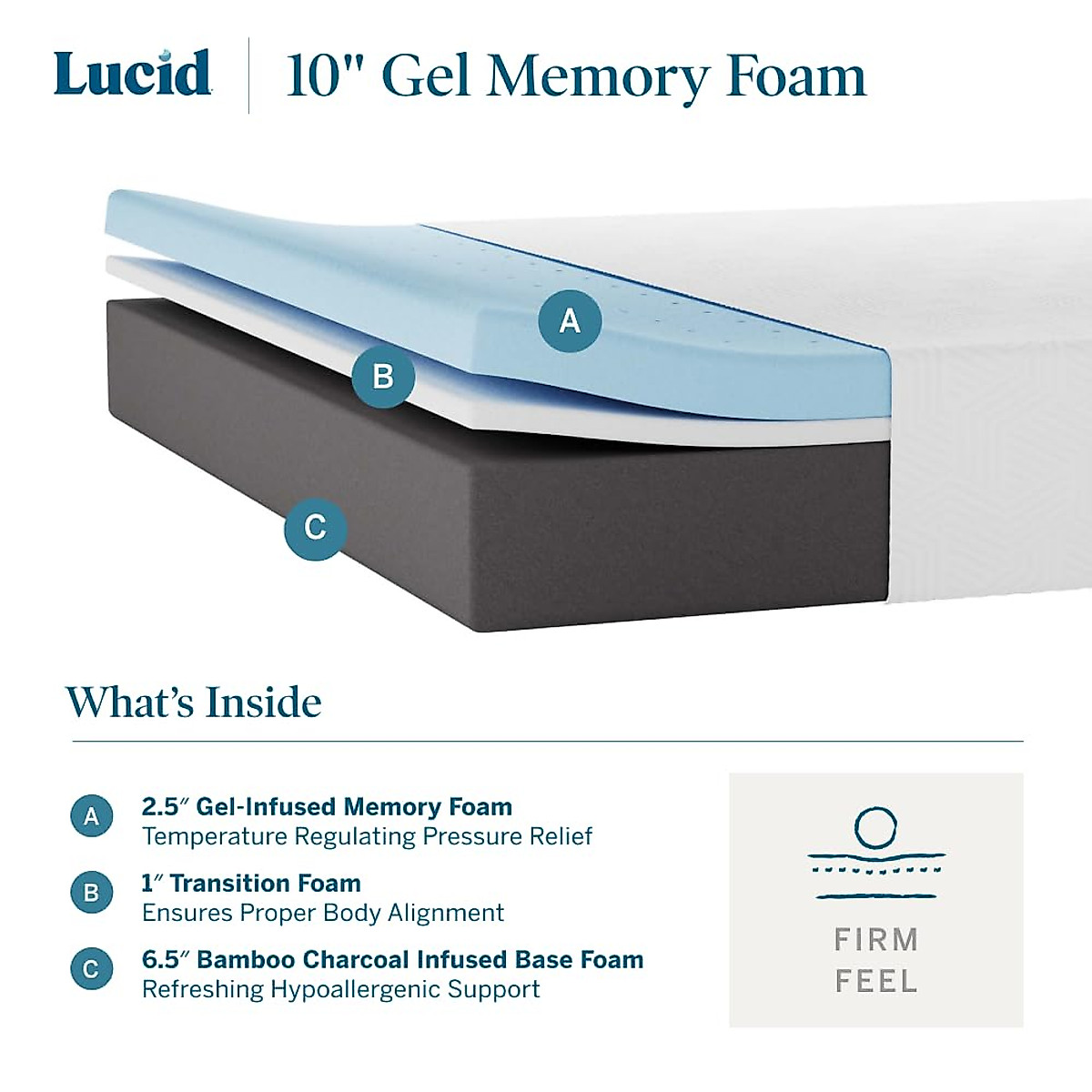 LUCID 10 Inch Memory Foam Mattress - Firm Feel - Infused with Bamboo Charcoal and Gel - Bed in a Box - Temperature Regulating - Pressure Relief - Breathable - Twin XL Size