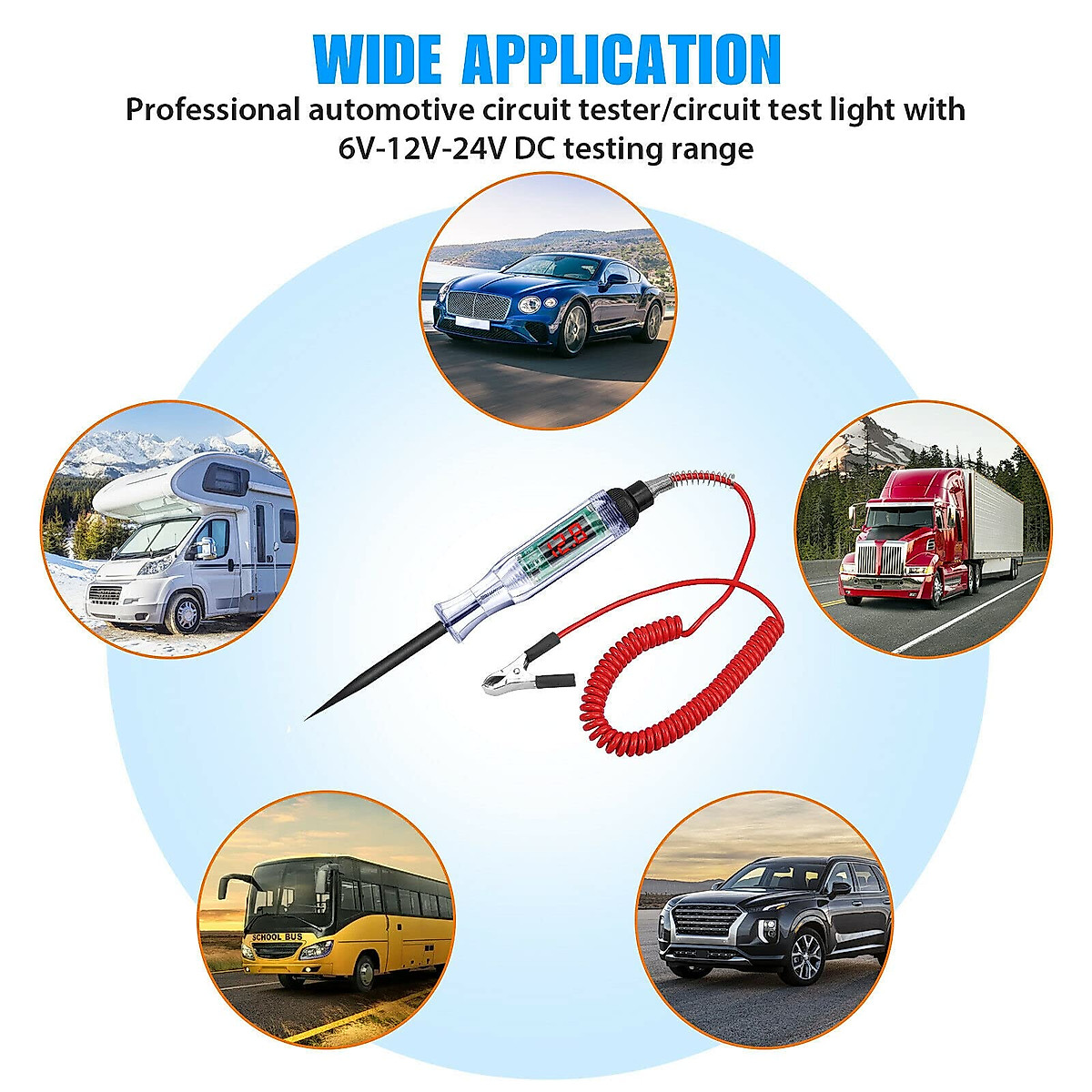 Car Truck Circuit Test Pen, 3-70V Digital Electric Circuit LCD Tester Test Light Car Truck Voltage Probe Pen, DC Voltage Test Light with Voltmeter & Portable Spring Wire (Black - (3-24V))
