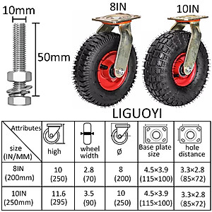 8/10-Inch Heavy Duty Fixed Caster, No Noise Swivel Castors with Brakes, 4pcs Shock Absorption Pneumatic Caster Wheel for Hand Truck/Trolley/Garden Utility Wagon Cart