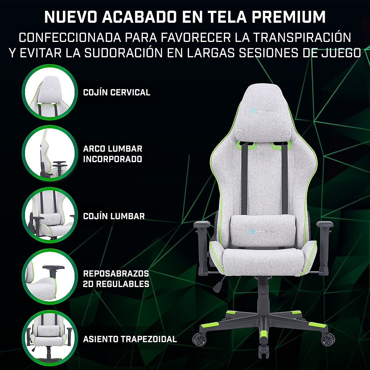 Newskill Kitsune Zephyr Series Gaming Chair Finished in Ultra-Breathable Fabric with Adjustable Armrests and Reclining up to 180° – Grey and Green