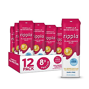 Ripple Non-Dairy Milk, Vanilla | Vegan Milk With 8g Pea Protein | Shelf Stable Single Serve Cartons | On-The-Go | Non-GMO, Plant Based, Gluten Free | 8 oz (Pack of 12)