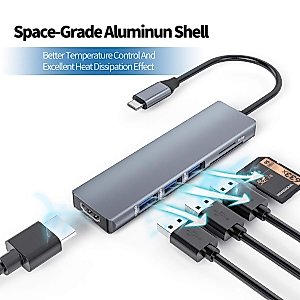 USB C HDMI Adapter for MacBook Pro 2016/2017, 6 in 1 USB-C to HDMI Output, SD+MicroSD Card Reader and 3-Ports USB 3.0