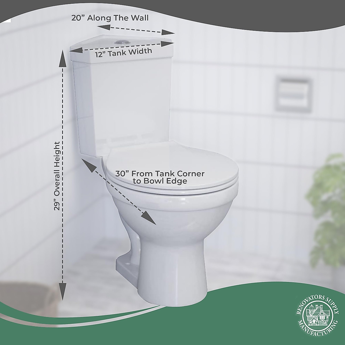 Renovators Supply Troyt Compact Corner Bathroom Toilet, 2-Piece Round - 0.8/1.6 GPF High Low Top Tank Button Flush WaterSense - ADA Heavy Duty Porcelain