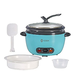 ICOOK Blue Rice Cooker 1L Grains,Oatmeal,Cereals Cooker,Rice Warmer Steamer,Small Mini Rice Cooker Removable Nonstick Pot,Full View Glass Lid,Stand Plastic Knob