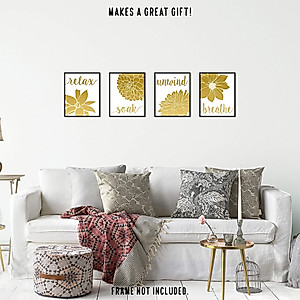 Simple Relax Soak Unwind Breathe Gold Blend Floral Prints, 4 (8x10) Unframed Photos, Wall Art Decor Gifts for Home Office Salon Lounge Bathroom School College Student Coach Yoga Garden Flowers Fan