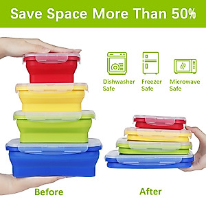 NATUREKIT 4 Collapsible Silicone Food Storage Containers,Kitchen Stackable Leftover Bento Lunch Meal Box with Plastic Airtight Lids, Leak-proof Camping Food Storage，Microwave Dishwasher Freezer Safe