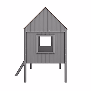 BOVZA Twin Size Low Loft Bed, Wood Kids House Bed with Two Side Windows and Roof for Kids Girls Boys, Gray+Brown