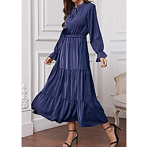 KIRUNDO Women's 2023 Fall Long Sleeve Tie Crew Neck Maxi Dress Casual Empire Waist Boho Ruffle Flowy Long Dresses(Navy, X-Large)