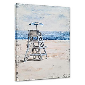 Yihui Arts Ocean Canvas Wall Art with Textured Abstract Beach Paintings with Ladder and Umbrella Contemporary Coastal Pictures with Blue Color for Living Room Bedroom Bathroom Decor
