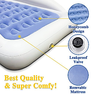 Inflatable Kids Travel Bed Toddler Air Mattress Set - Portable Blow Up Mattress Sleeping Bed Cot with Security Bed Rails and Electric Pump Ideal for Road Trip Camping Sleepovers etc. (Upgraded)