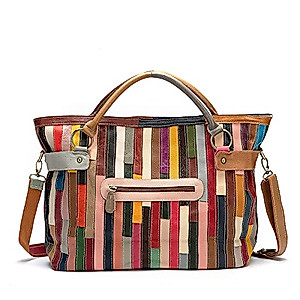 Segater® Women’s Genuine Leather Tote Multicolour Patchwork Hollow Shoulder Bag Cowhide Stitching Colorful Large Handbag Purses Multicoloured