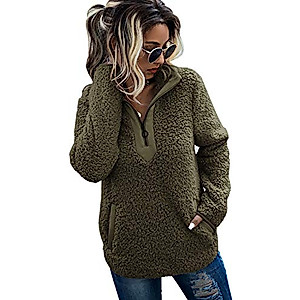 AQOTHES Womens Loose Casual Zipper Sherpa Fleece Pockets Pullover Sweatshirt for Women Army Green