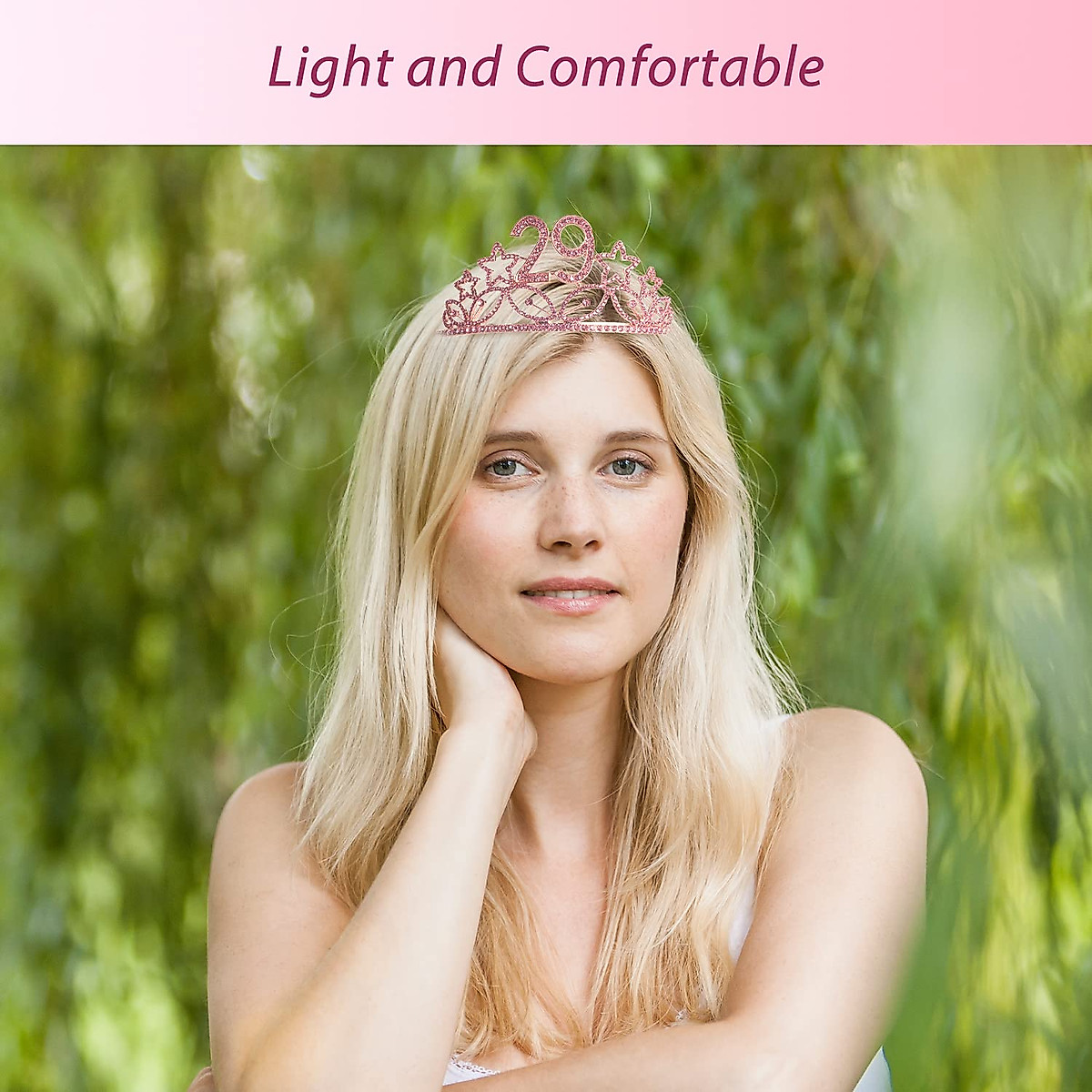 MEANT2TOBE 29th Birthday Sash and Tiara for Women - Fabulous Set: Glitter Sash + Stars Rhinestone Pink Premium Metal Tiara for Women, 29th Birthday Gifts for 29th Birthday Party