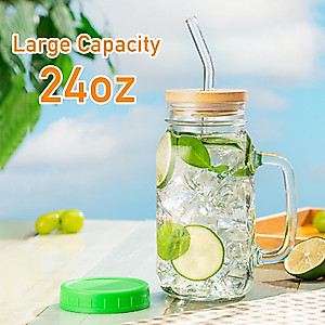 wookgreat Mason Jars with Handle, 6 Pack 24oz Mason Jar Drinking glasses with lid and straw, Mason Jar Cups, Regular Mouth Mason Jar mugs for Iced Coffee, Smoothie, Airtight Lids for Food Storage