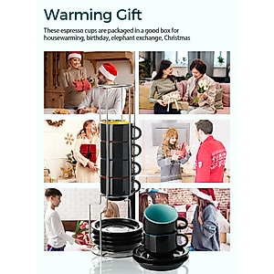 Teocera Porcelain Espresso Cups with Saucers and Metal Stand - Set of 6 Stackable Demitasse Cups, 2.5 Ounce for Coffee and Tea, Black Multi Color