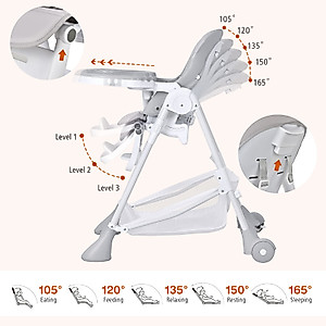 HONEY JOY Baby High Chair, Foldable Highchair for Babies and Toddlers, Detachable Trays & PU Leather Seat Cushion, 4 Wheels with Locks (Gray)