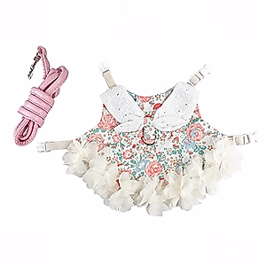 Rabbit Harness Leash Set - Breathable Cotton Dress for Walking Escape Proof Soft Harness Leash with Adjustable Buckle for Small Animal Bunny Cat Puppy Kitten Ferrets Costumes (Small,Floral)