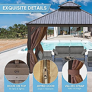 EMKK 12x12FT Hardtop Gazebo, Patic Gazebo Wooden Coated Hardtop Frame Canopy with Galvanized Steel Double Roof, Outdoor Permanent Metal Pavilion with Curtains and Netting for Deck,Garden, Backyard