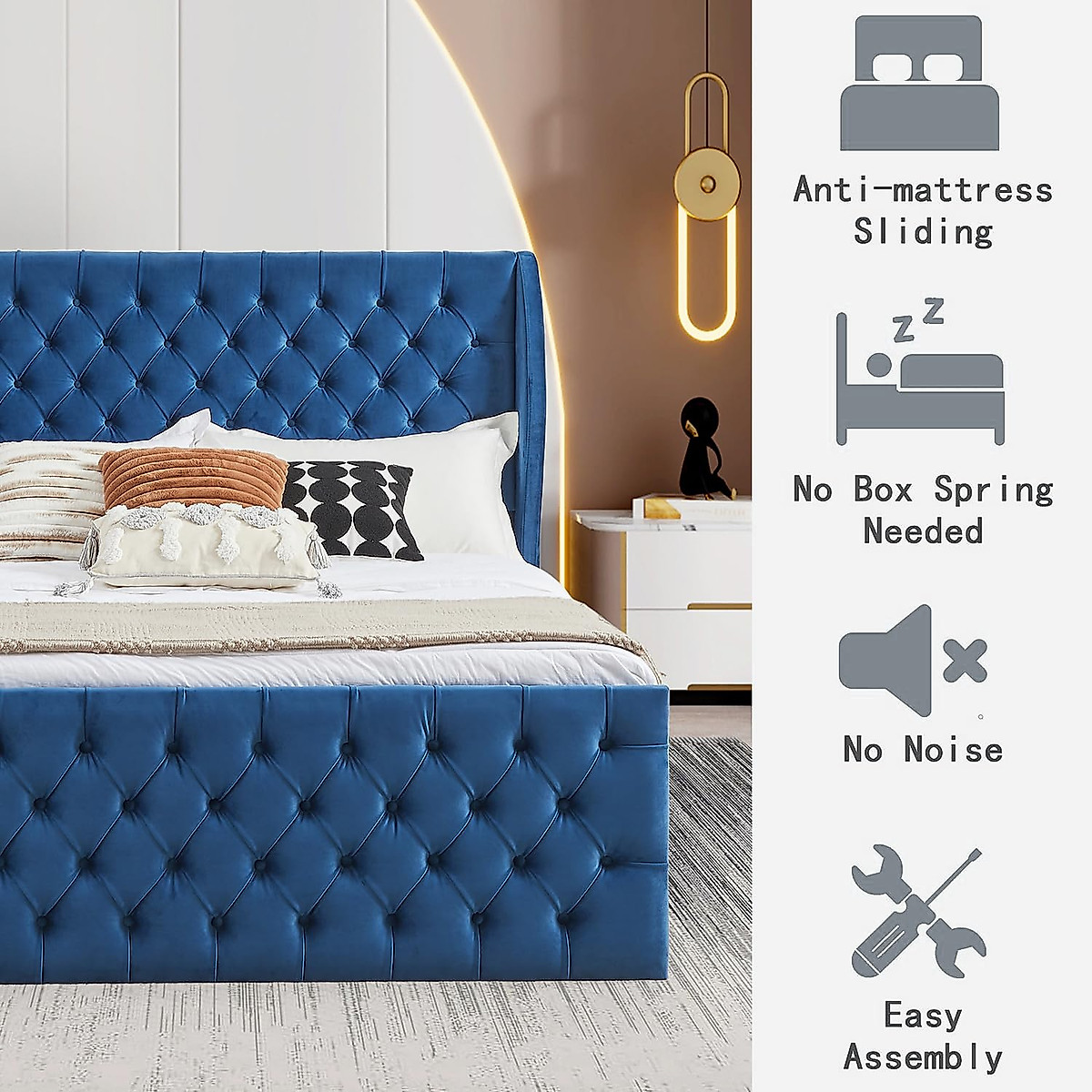 DUNTRKDU Queen Size Velvet Upholstered Platform Bed Frame with Button Tufted Headboard and Wingback, Wood Slat Support, No Box Spring Needed, Under Bed Storage (Blue)