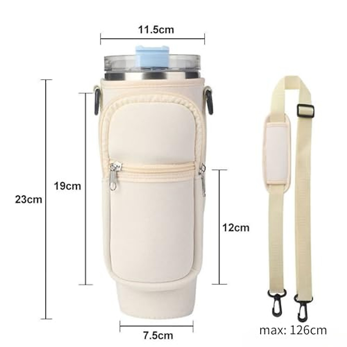 RUNBFUUY Water Bottle Carrier Bag Water Bottle Holder for 30/40Oz Tumbler with Strap and Pockets, Adjustable Strap for Outdoor Sports Camping Hiking Travelling, White
