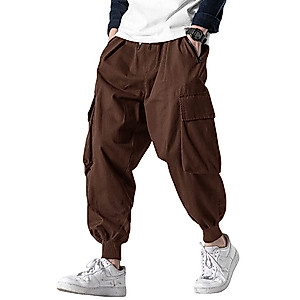 Men's Joggers Pants Casual Baggy Cotton Drawstring Tapered Sweatpants Cargo Hippie Loose Fit Trousers with Multi-Pocket
