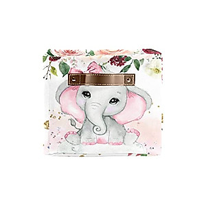 Pinkling Elephant Floral Rose Personalized Storage Bins Box Baskets with Handle Cubes Clothes Basket Box for Women Christmas Office Holiday 1 Pack
