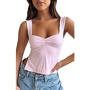 BAIGRAM Women’s Sleeveless Slim Crop Tank Top Sexy Pleated Bustier Sweetheart Neck Strappy Slits Cropped Vest Cami Pink