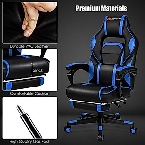 Goplus Massage Gaming Chair, Reclining Backrest, Seat Height Adjustment Racing Computer Office Chair with Footrest, Ergonomic High Back PU Swivel Game Chair (Blue)