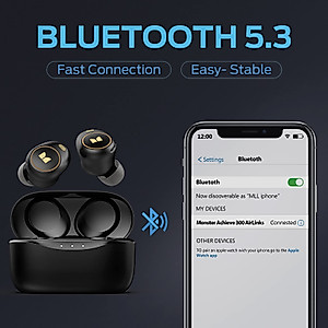 Monster Wireless Earbuds, Achieve 300 AirLinks Bluetooth Headphones Touch Control with Charging Case, Bluetooth Earbuds, Black