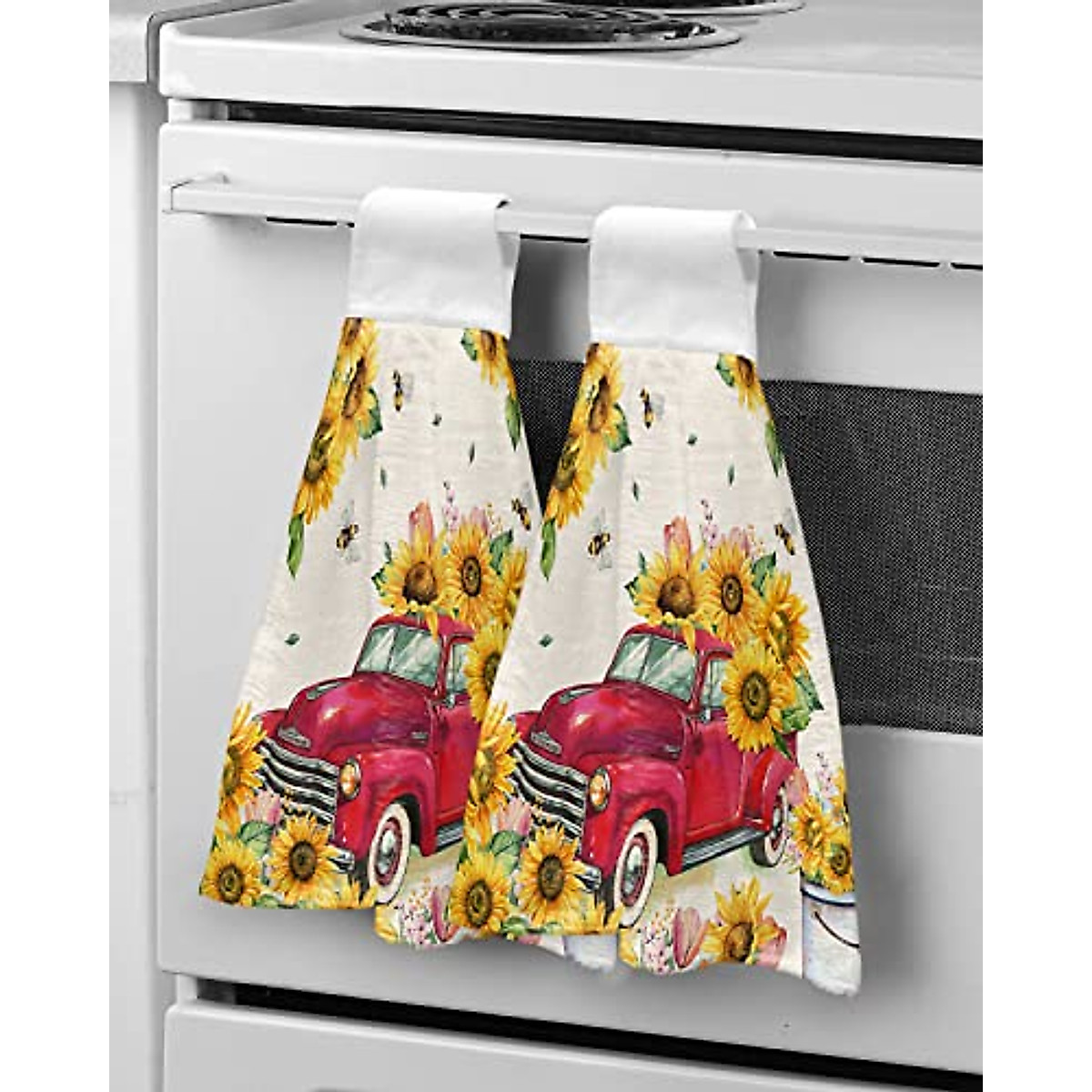 Vintage Truck 1pcs Hanging Kitchen Towel Hand Absorbent Towels Soft Durable Dish Towel for Bathroom Laundry Room Washcloth Tie Towel Quick Dry 18"x14", American Farmhouse Retro Car with Sunflower