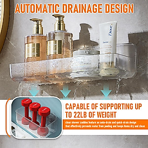 BShasrlim Acrylic Shower Shelves - Adhesive Wall Mounted Shower Organizer Clear with Soap Dish and Hooks - No Drill Adhesive Shelf for Bathroom and Kitchen Storage (Clear, Long Set of 4)