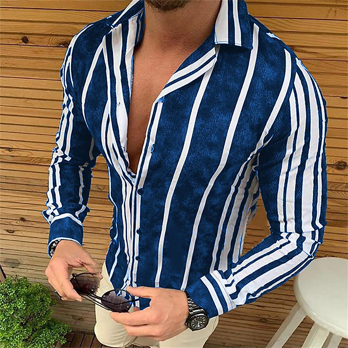 Men's Long Sleeve Stylish Dress Shirts Striped Casual Button Down Shirts Regular Fit Turn-Down Collar Shirt Top (Dark Blue,3X-Large)