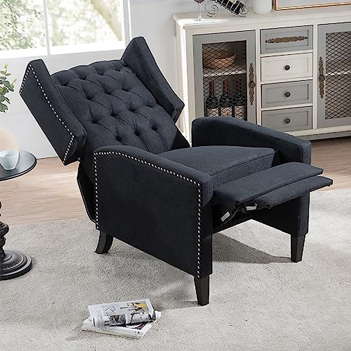CALABASH Push Back Recliner Chair, Upholstered Wingback Chair Tufted Armchair Mid Century Modern Lounge Recliners for Small Spaces, Living Room, Bedroom,Home Theater,Black