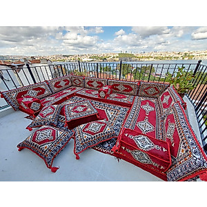 Traditional Floor Cushions, U Shaped Maroon Sectional Sofas, Arabic Floor Sofa Set, Pallet Sofa, Arabic Majlis, Yoga Meditation Sofas (U Sofa Full Set)