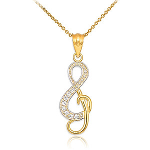 Sideways Crosses 10k Yellow Gold Diamond Treble Clef Charm Music Note Pendant Necklace, 18"
