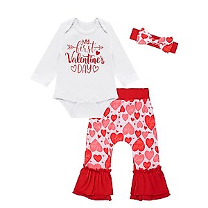 bakjuno Newborn Baby Girl My First Valentine's Day Outfit Set Long Sleeve Tops Cute Heart Printed Pants with Headband (6-9 Months,White)