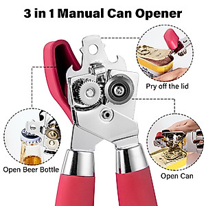 Can Opener Manual, TJ POP Can Opener, Heavy Duty Hand Held Can Openers, Stainless Steel Can Opener Smooth Edge, Easy Turn Knob, with Bottle Opener, Kitchen Gadgets Red