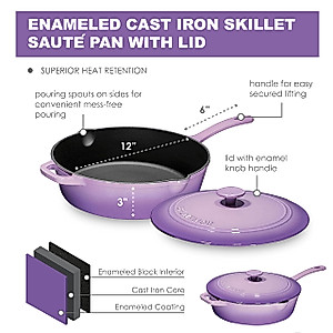 Bruntmor 5qt Purple Enameled Cast iron Skillets With Lid and handle, Non stick Cookware And Grill For Casserole Dish, 5 Quarts Grill Frying Pan,Saute pan,Bakeware