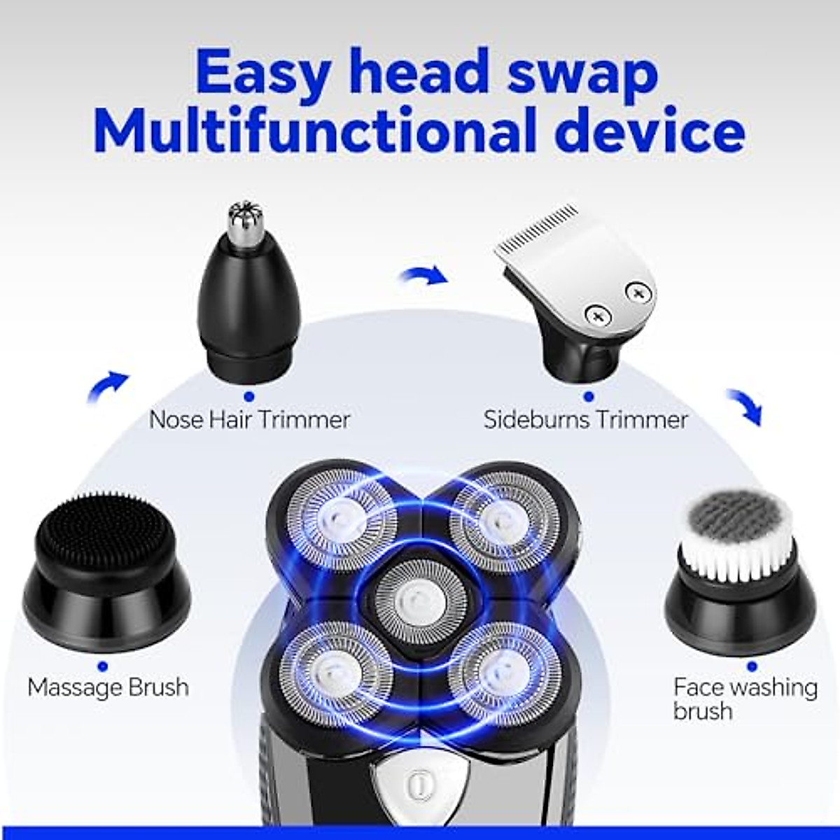 Tiklean Bald Head Shaver, Electric Razor for Men, 5-in-1 Head and Face Grooming Kit, Waterproof and Rechargeable