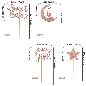 36 PCS Baby Shower Girl Cupcake Toppers with Moon Glitter Star It's a Girl Sweet Baby Gender Reveal Cupcake Picks Baby Shower Kids Girls Birthday Party Cake Decorations Supplies Rose Gold